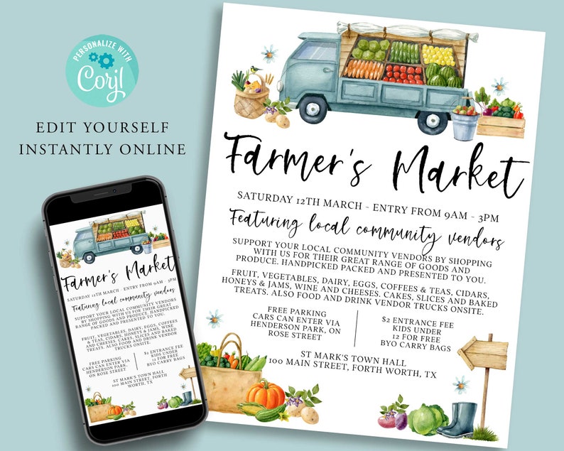 FARMERS MARKET Editable Flyer, DIY Market Fundraiser, Fruit Vegetables ...
