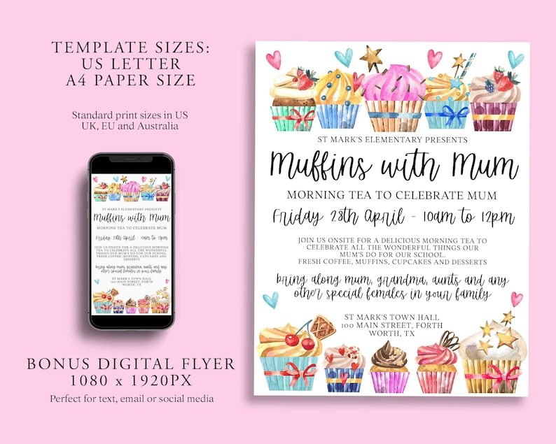 MOTHERS DAY Editable Flyer Template, Bake Sale, Fundraiser, Muffins ...