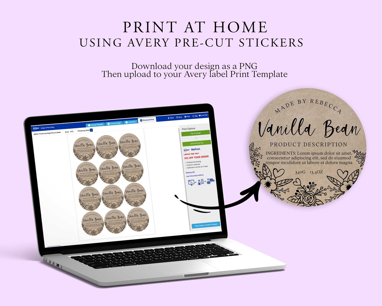 Classic Floral ROUND Editable Product Label, ORGANIC Custom Product ...
