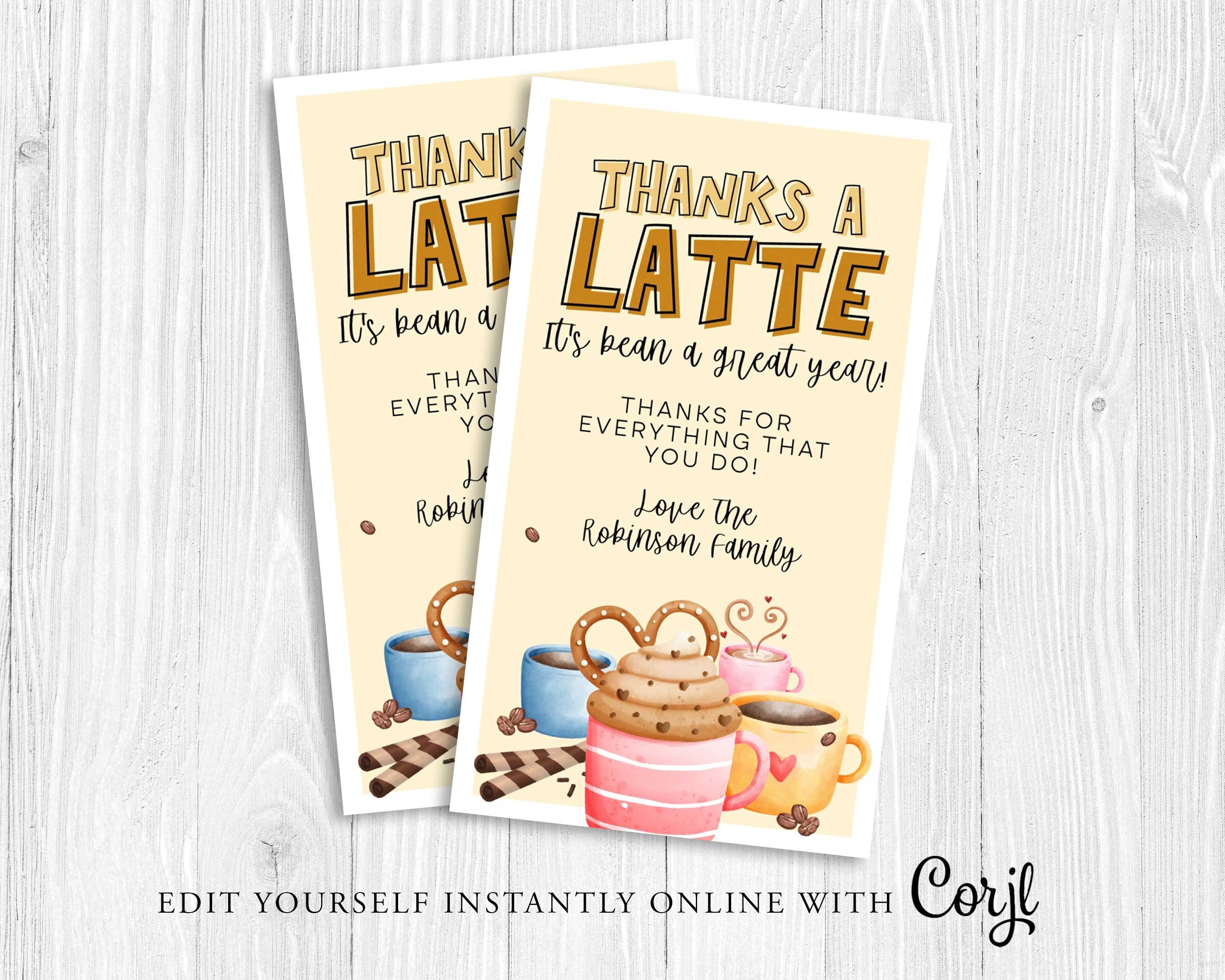 LATTE Appreciation Gift Tag, Teacher, Friends, Mothers Day, Valentine ...