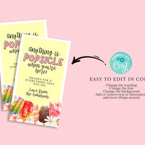 POPSICLE Appreciation Gift Tag, Teacher, Friends, Mothers Day ...
