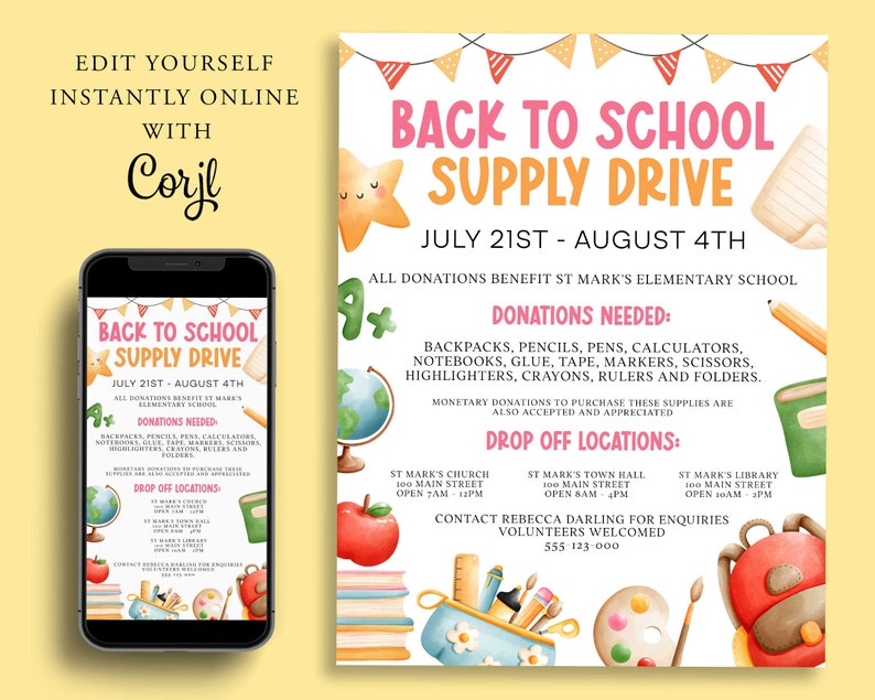 BACK to SCHOOL Supply Drive Flyer, Editable Flyer, Pta, Fundraiser ...
