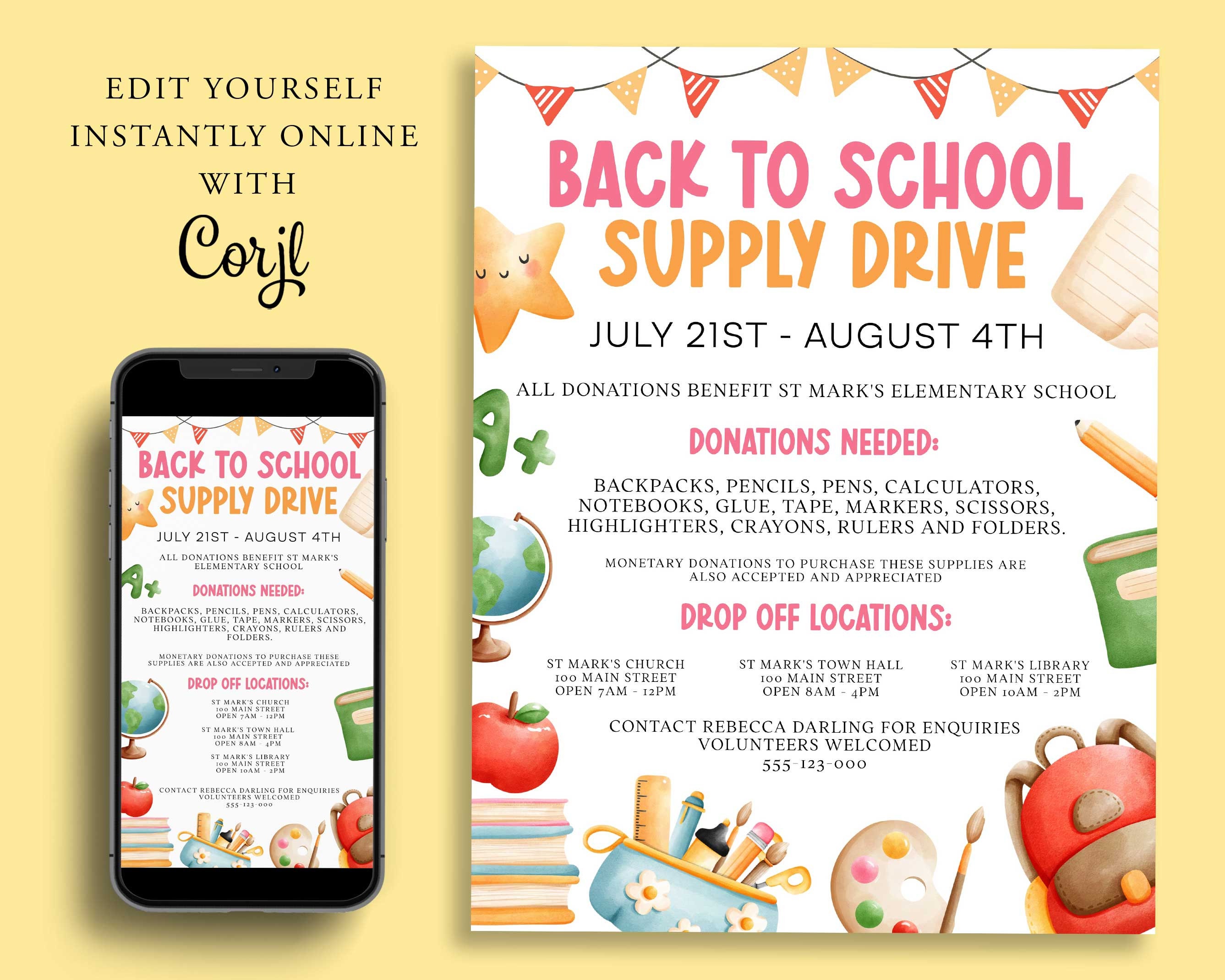 BACK to SCHOOL Supply Drive Flyer, Editable Flyer, Pta, Fundraiser ...