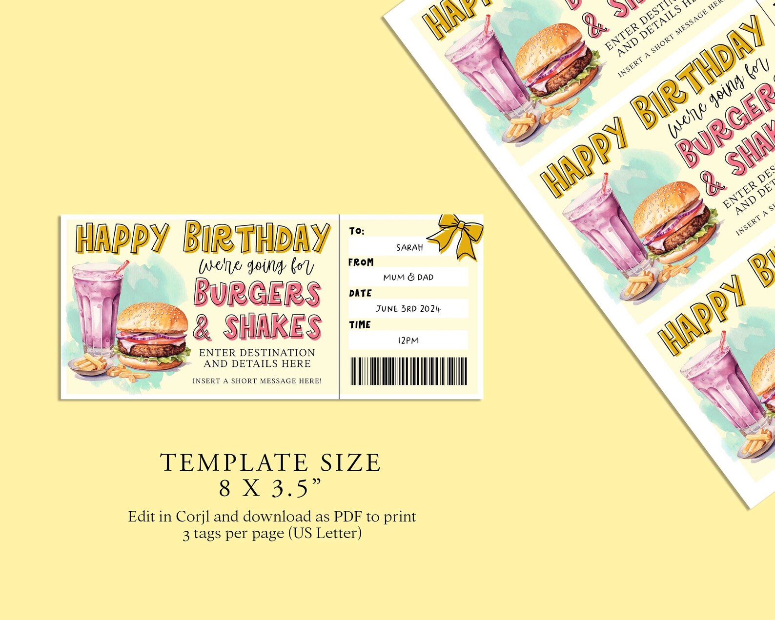 Birthday BURGERS & SHAKES Editable Gift Ticket Template, Birthday Gift ...