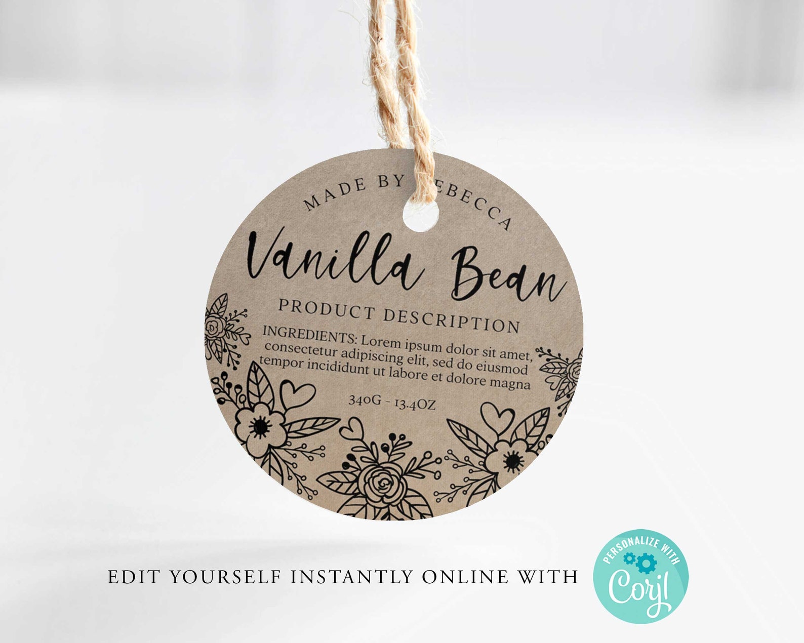 Classic Floral ROUND Editable Product Label, ORGANIC Custom Product ...