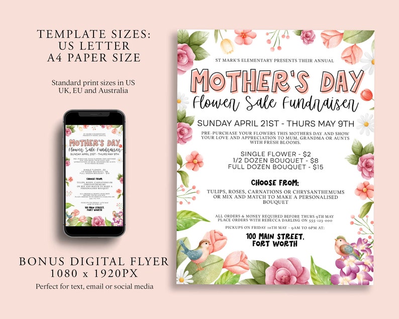 FLOWER SALE Mothers Day Flyer Template, Editable, Fundraiser, PTO ...
