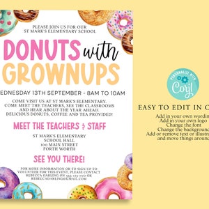 DONUTS With Grownups, Flyer, Printable PTA Flyer, School Breakfast ...