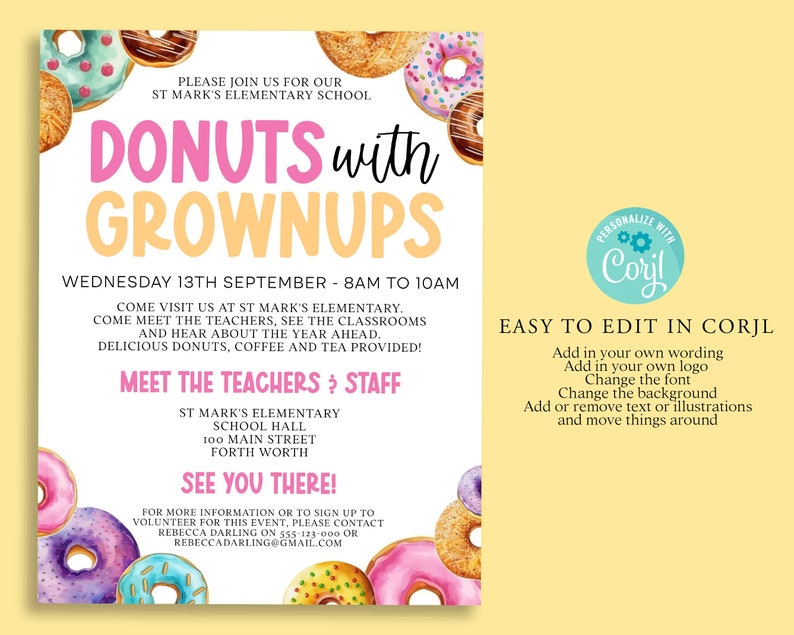 DONUTS With Grownups, Flyer, Printable PTA Flyer, School Breakfast ...