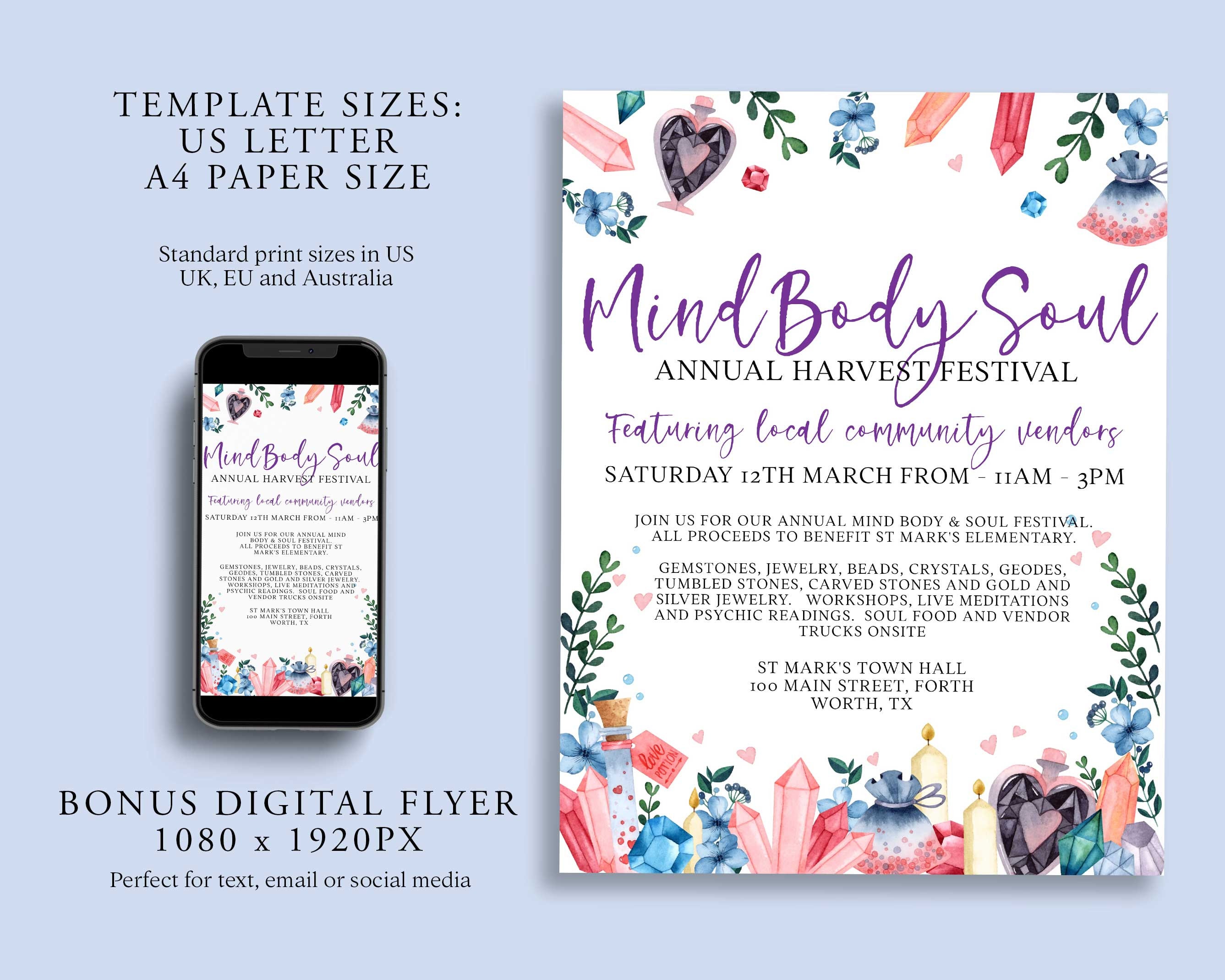Editable MIND BODY SOUL Flyer Template, Diy Event Poster, Crystals ...