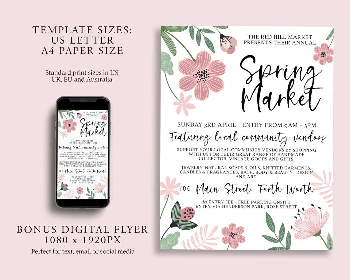 Editable SPRING MARKET Flyer Template, DIY Market Sale, Community Fair ...