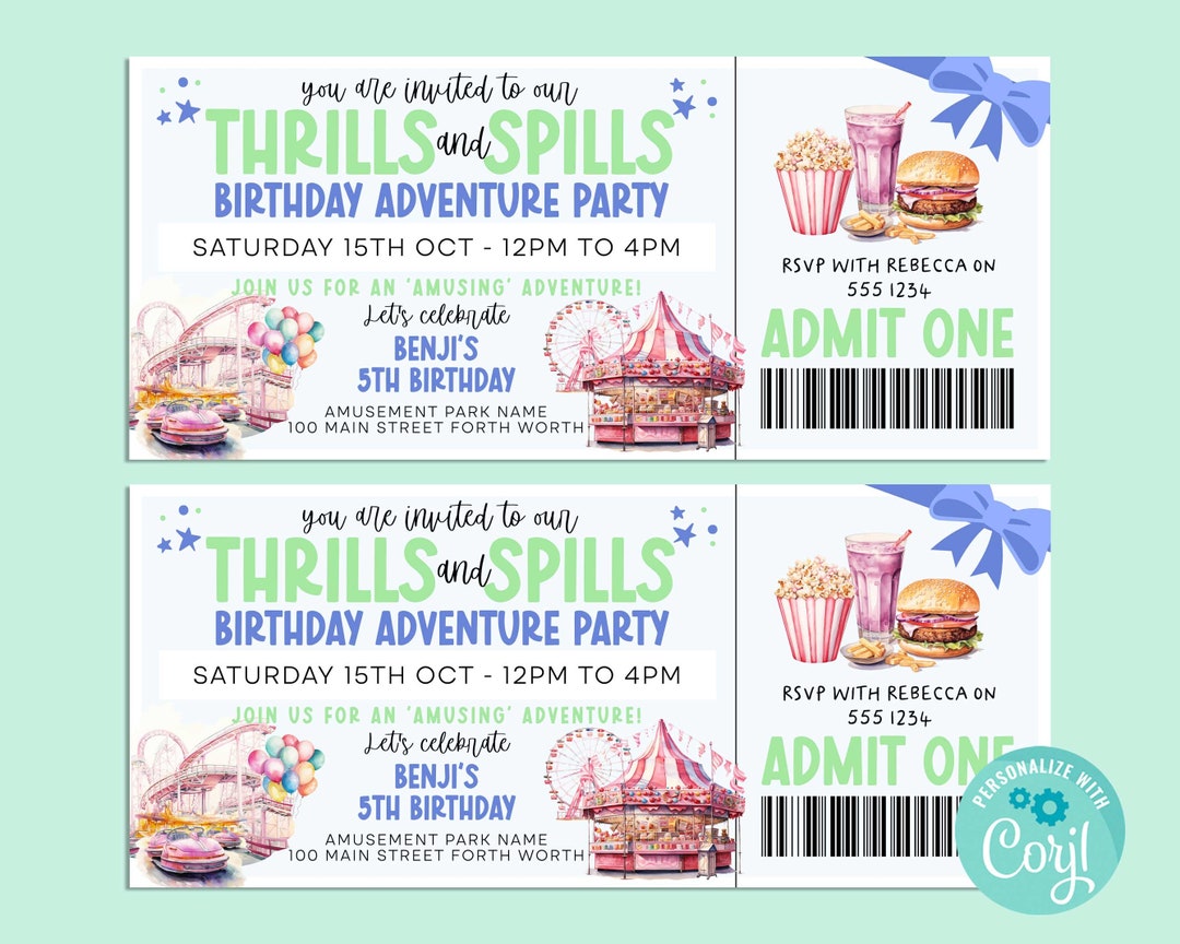 THEME PARK Party Flyer Editable Template, DIY Kids Party Invites, Party ...
