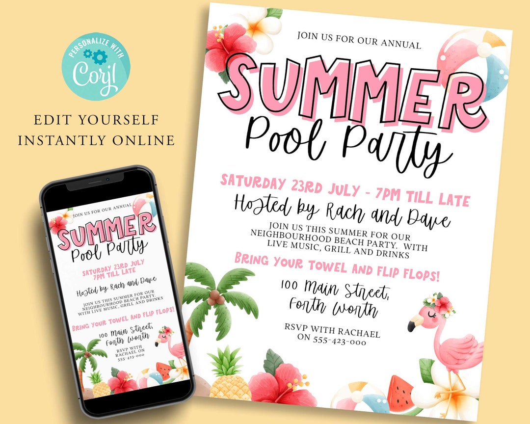 SUMMER Pool Party Flyer Editable Template, Diy Barbeque, Luau, BEACH ...