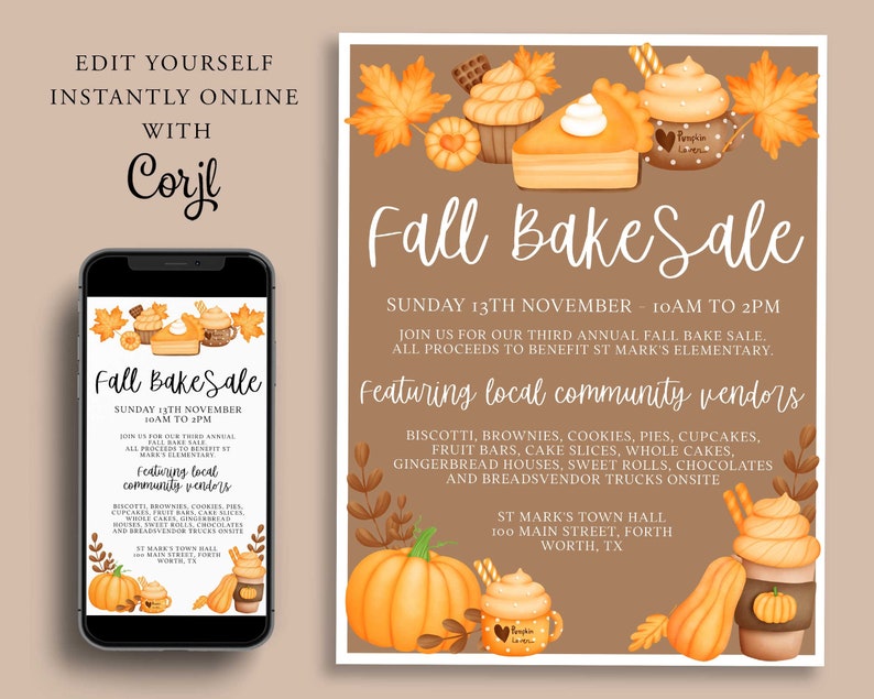 Editable FALL Bake Sale Flyer Template, DIY, Event Poster, Harvest ...