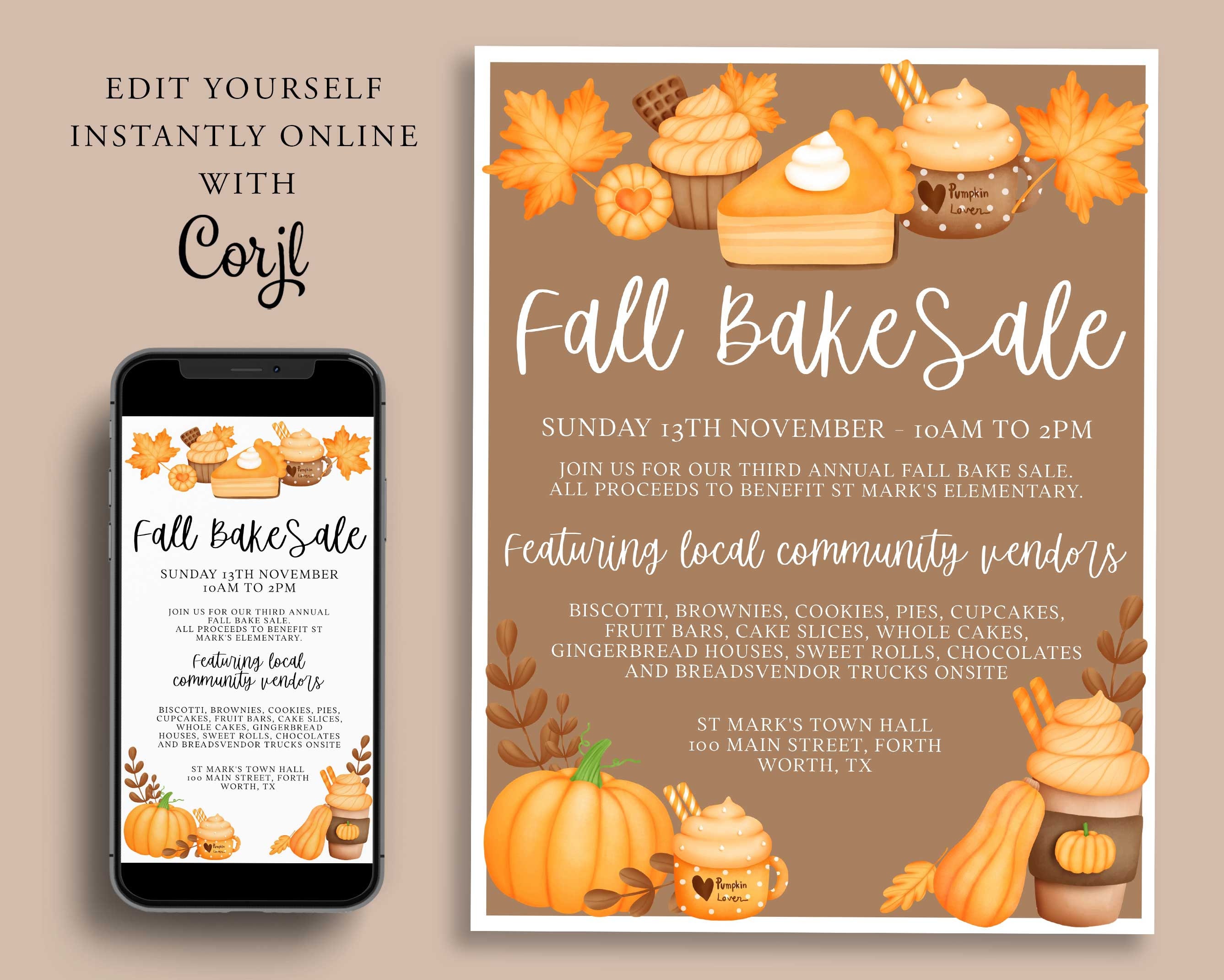 Editable FALL Bake Sale Flyer Template, DIY, Event Poster, Harvest ...