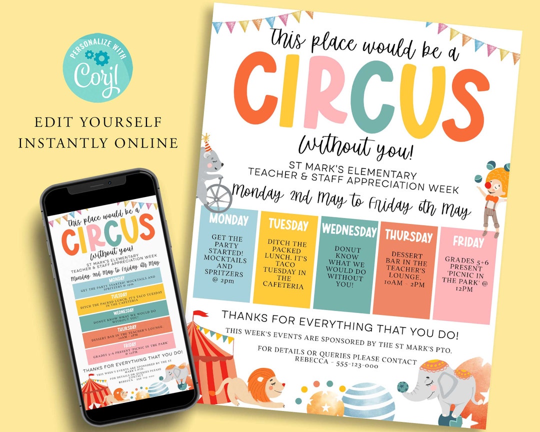 Circus TEACHER APPRECIATION Editable Flyer Template, Staff Invite ...