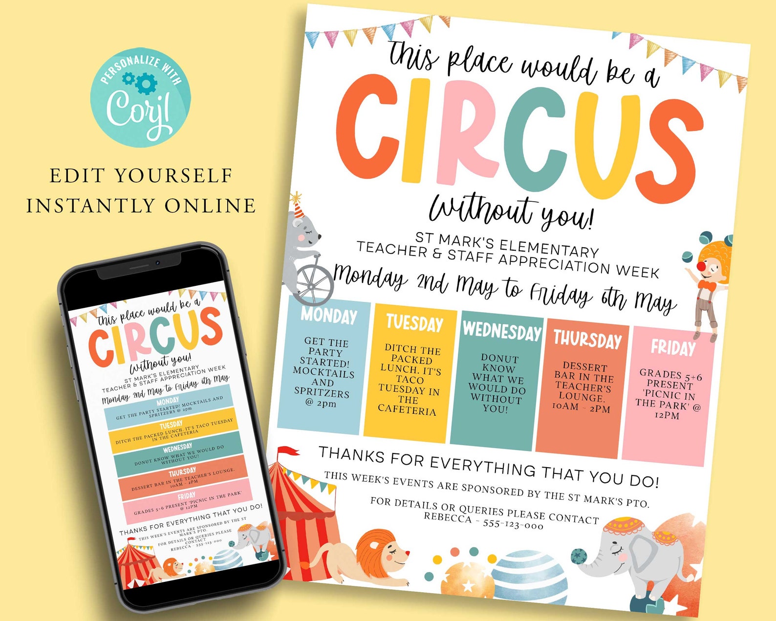 Circus TEACHER APPRECIATION Editable Flyer Template, Staff Invite ...