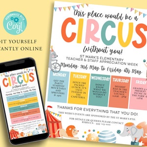 Circus TEACHER APPRECIATION Editable Flyer Template, Staff Invite ...