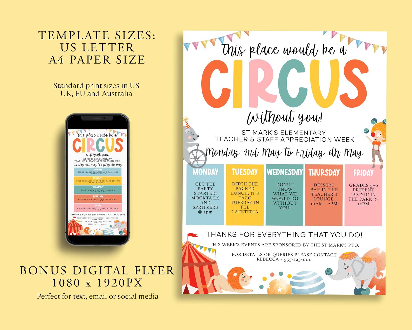 Circus TEACHER APPRECIATION Editable Flyer Template, Staff Invite ...