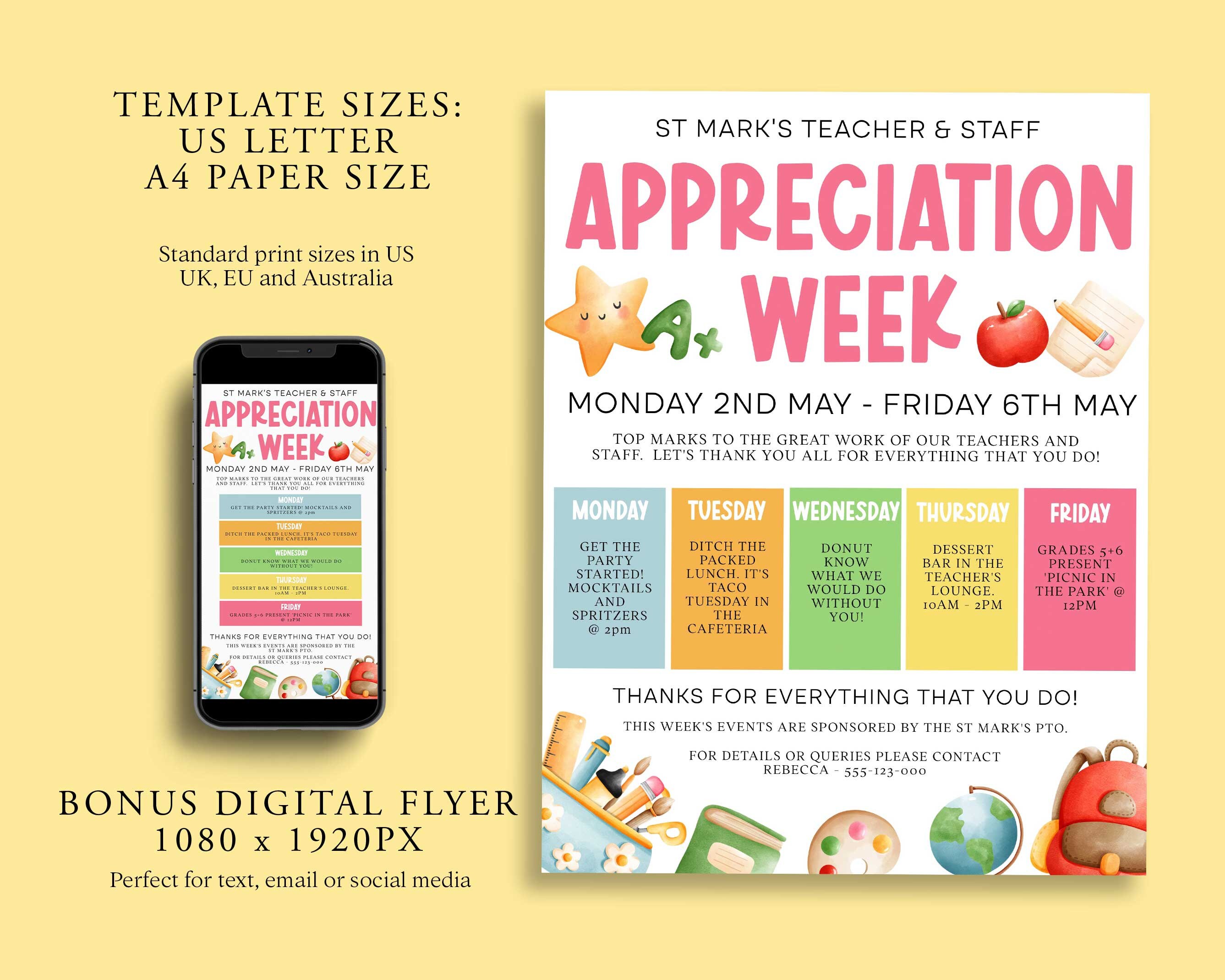 TEACHER APPRECIATION Editable Flyer Template, Staff Invite, Family ...