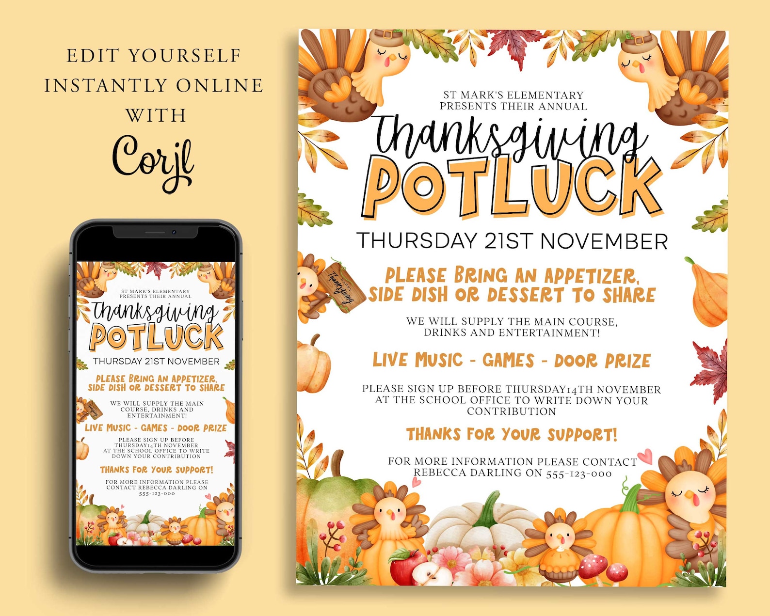 THANKSGIVING Potluck Printable PTA Flyer, School Teacher Appreciation ...