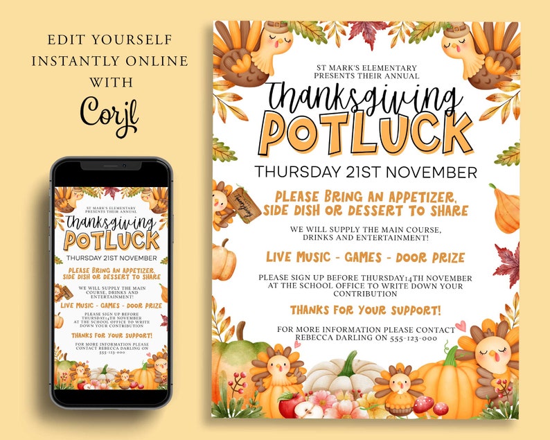 THANKSGIVING Potluck Printable PTA Flyer, School Teacher Appreciation ...
