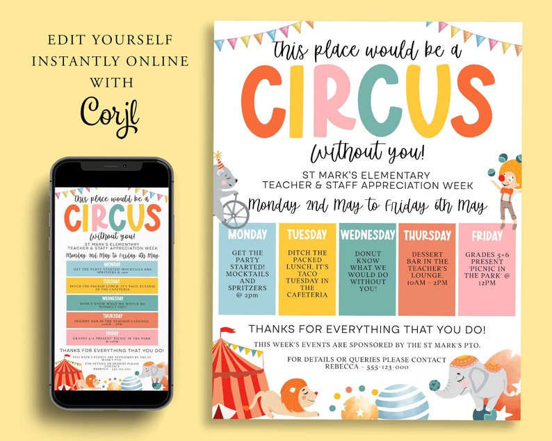 Circus TEACHER APPRECIATION Editable Flyer Template, Staff Invite ...
