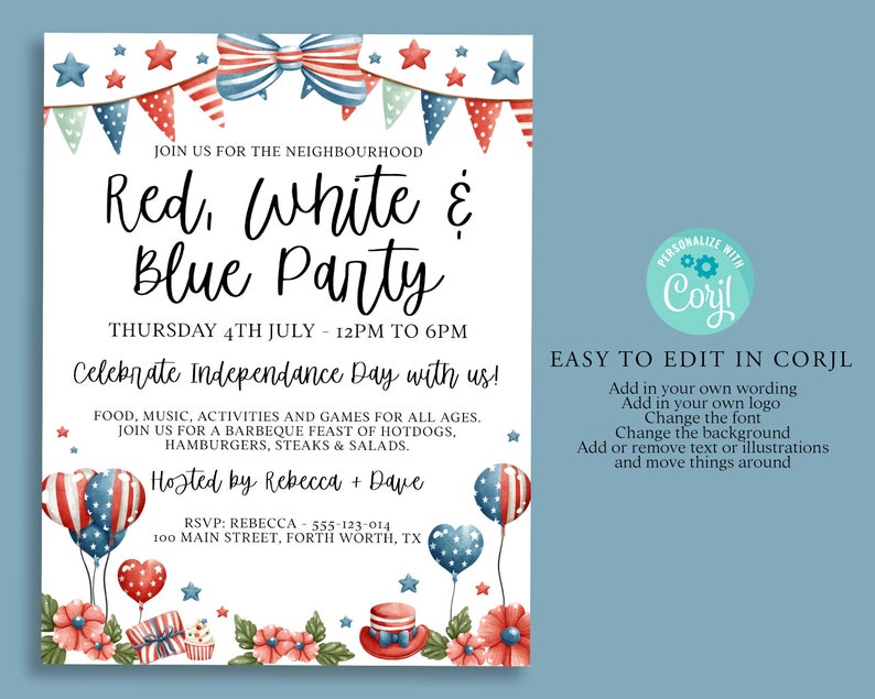 Editable JULY FOURTH Flyer Template, Street Party, Independence Day BBQ ...