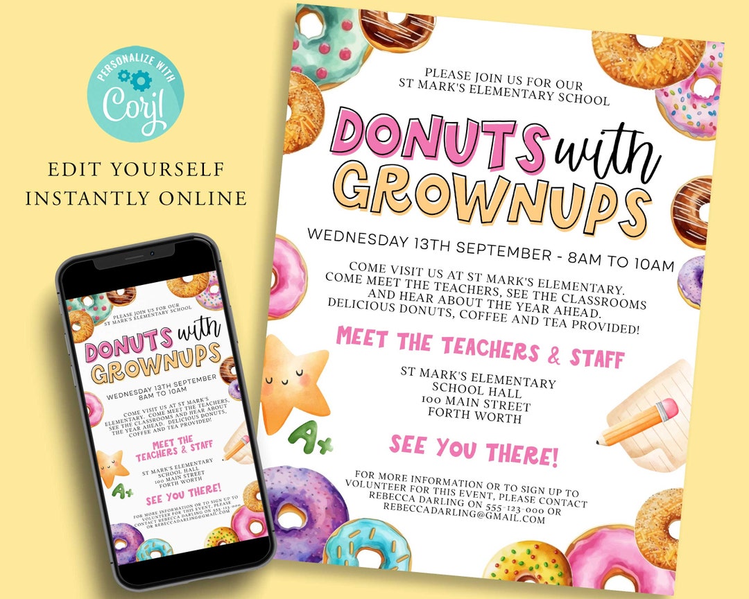 DONUTS With Grownups, Flyer, Printable PTA Flyer, School Breakfast ...