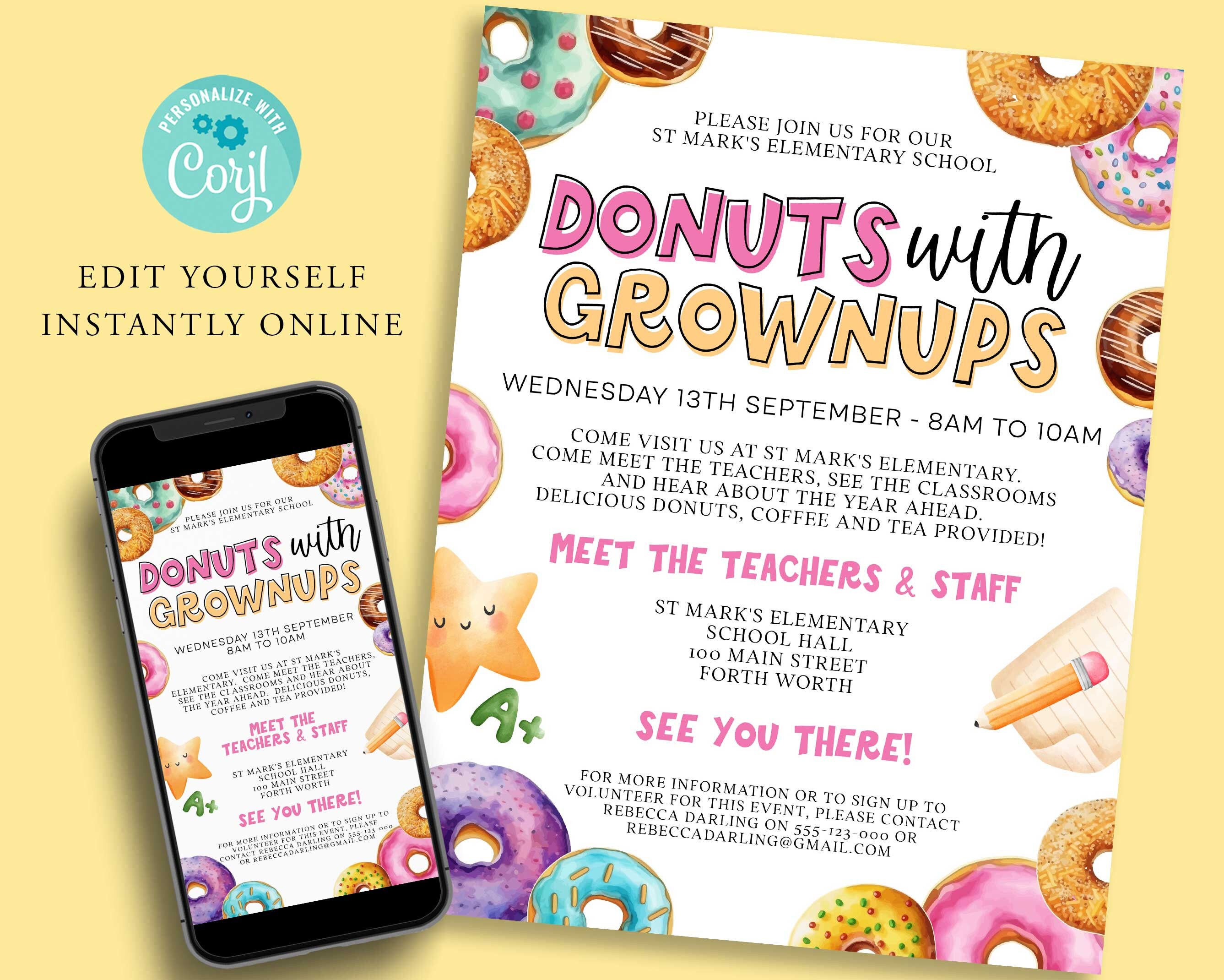 DONUTS With Grownups, Flyer, Printable PTA Flyer, School Breakfast ...
