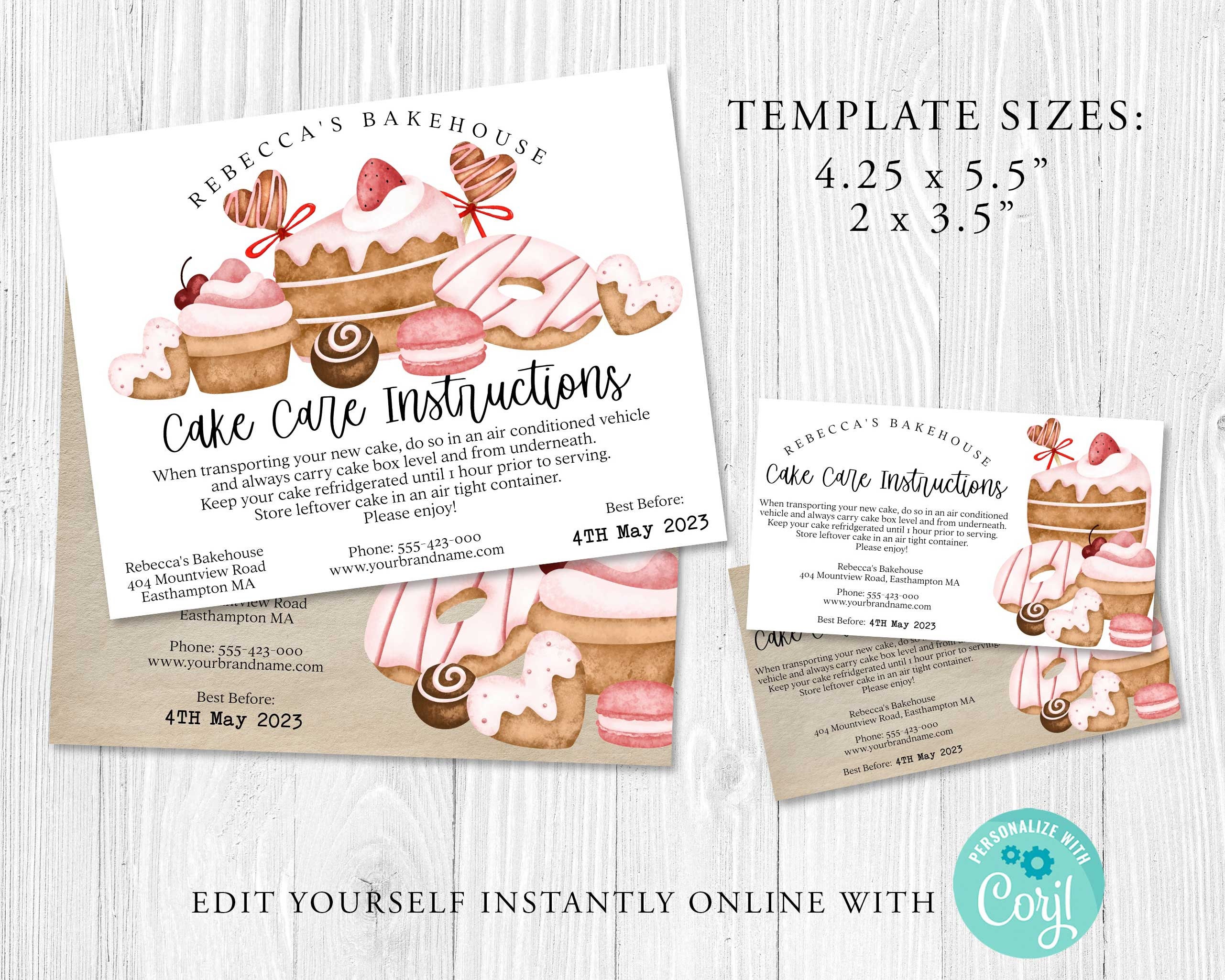 Cake Care Instruction Card Template, Cupcake Care Label, Cake or ...