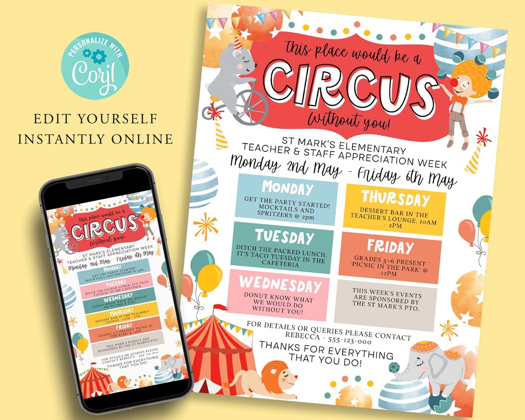 Circus TEACHER APPRECIATION Editable Flyer Template, Staff Invite ...