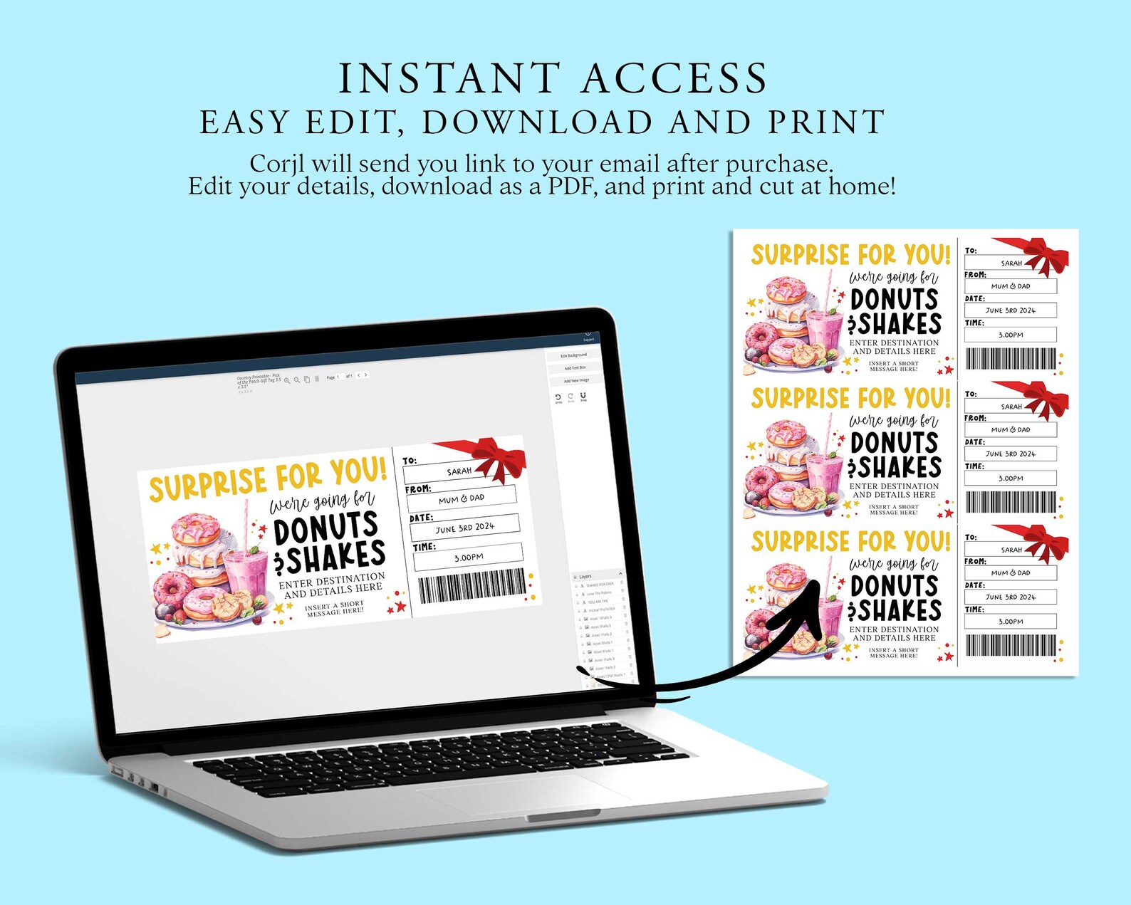Surprise DONUTS & SHAKES Editable Gift Ticket Template, Happy Birthday ...