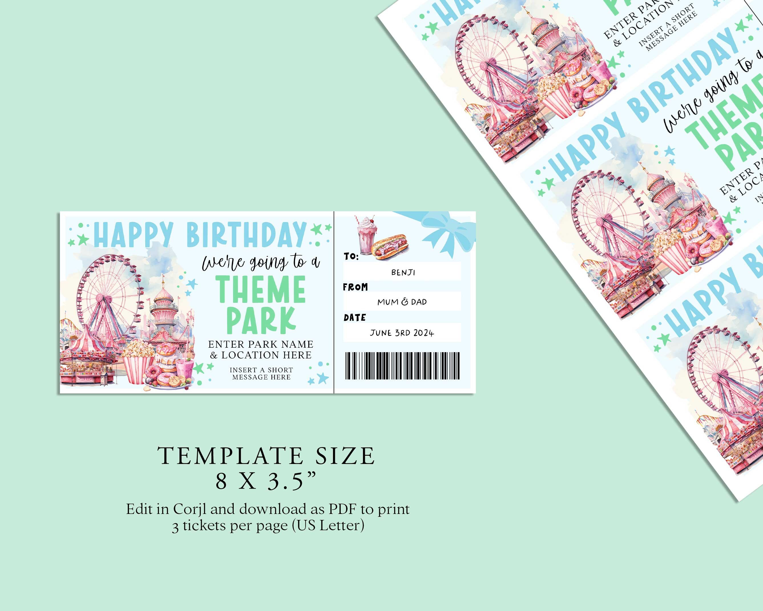 Birthday THEME PARK Editable Gift Ticket Template, Birthday Gift ...