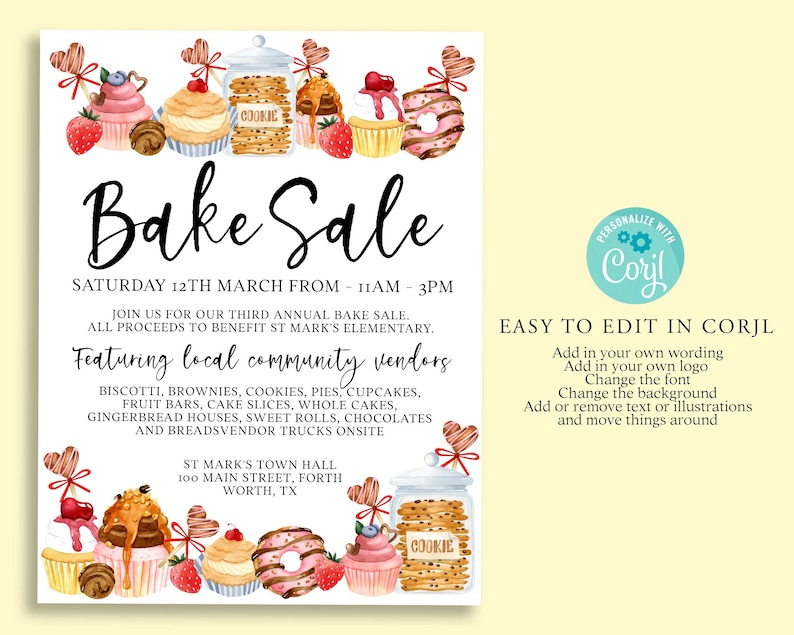 Editable BAKE SALE Flyer Template, DIY Market Sale, Community Fair ...