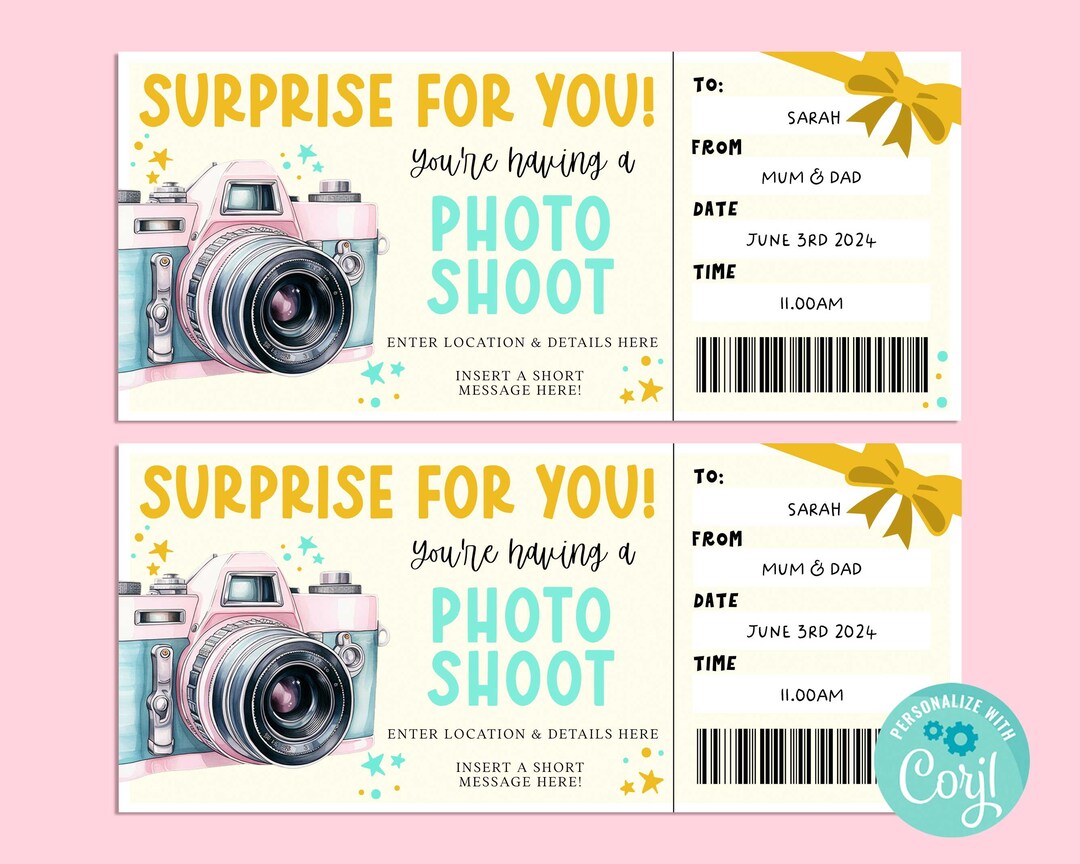 Surprise PHOTO SHOOT Editable Gift Ticket Template, Birthday Gift ...