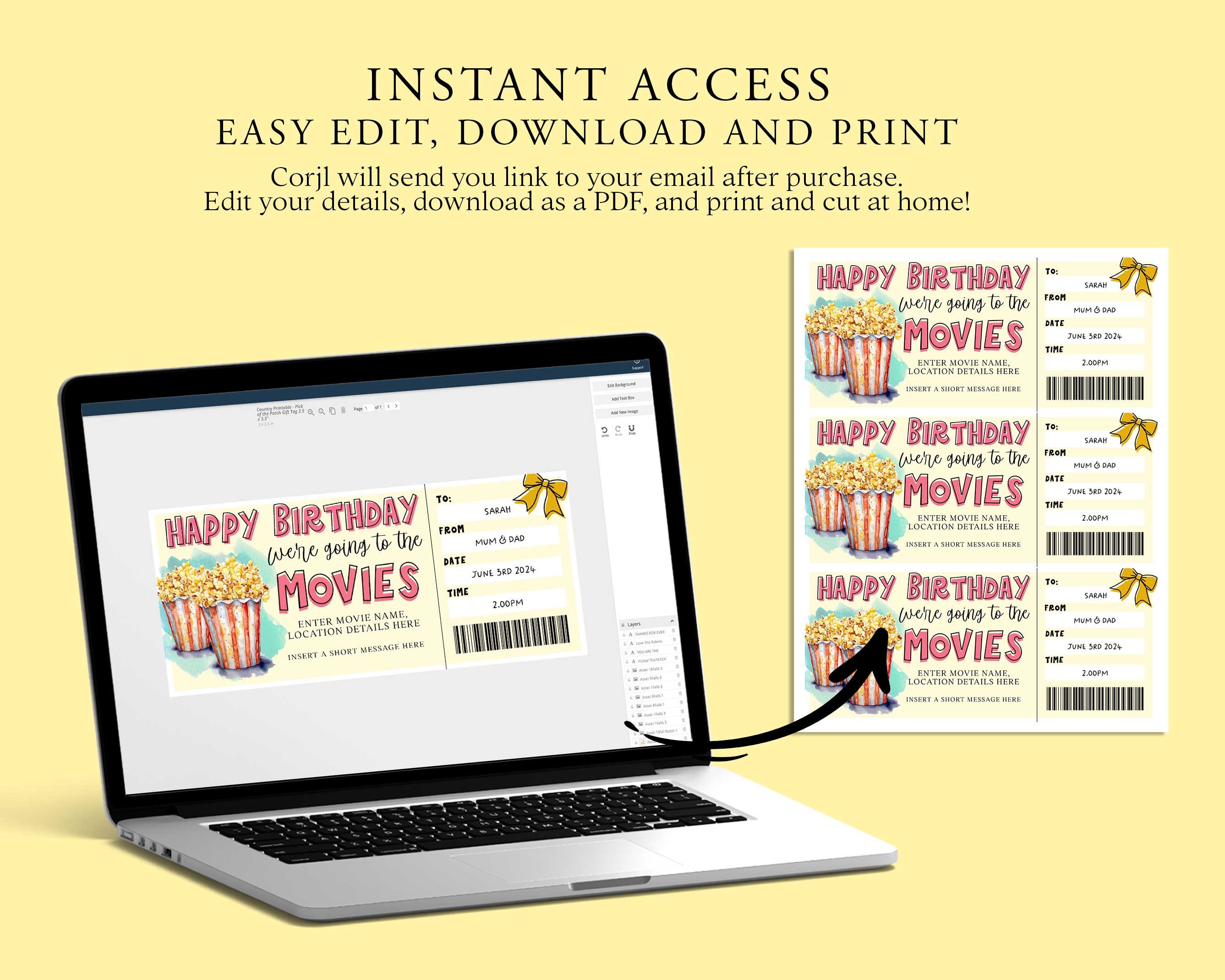 Birthday MOVIES Editable Gift Ticket Template, Happy Birthday Gift ...