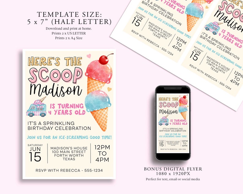 ICE CREAM Party Flyer Editable Template, Diy Kids Birthday, Party ...