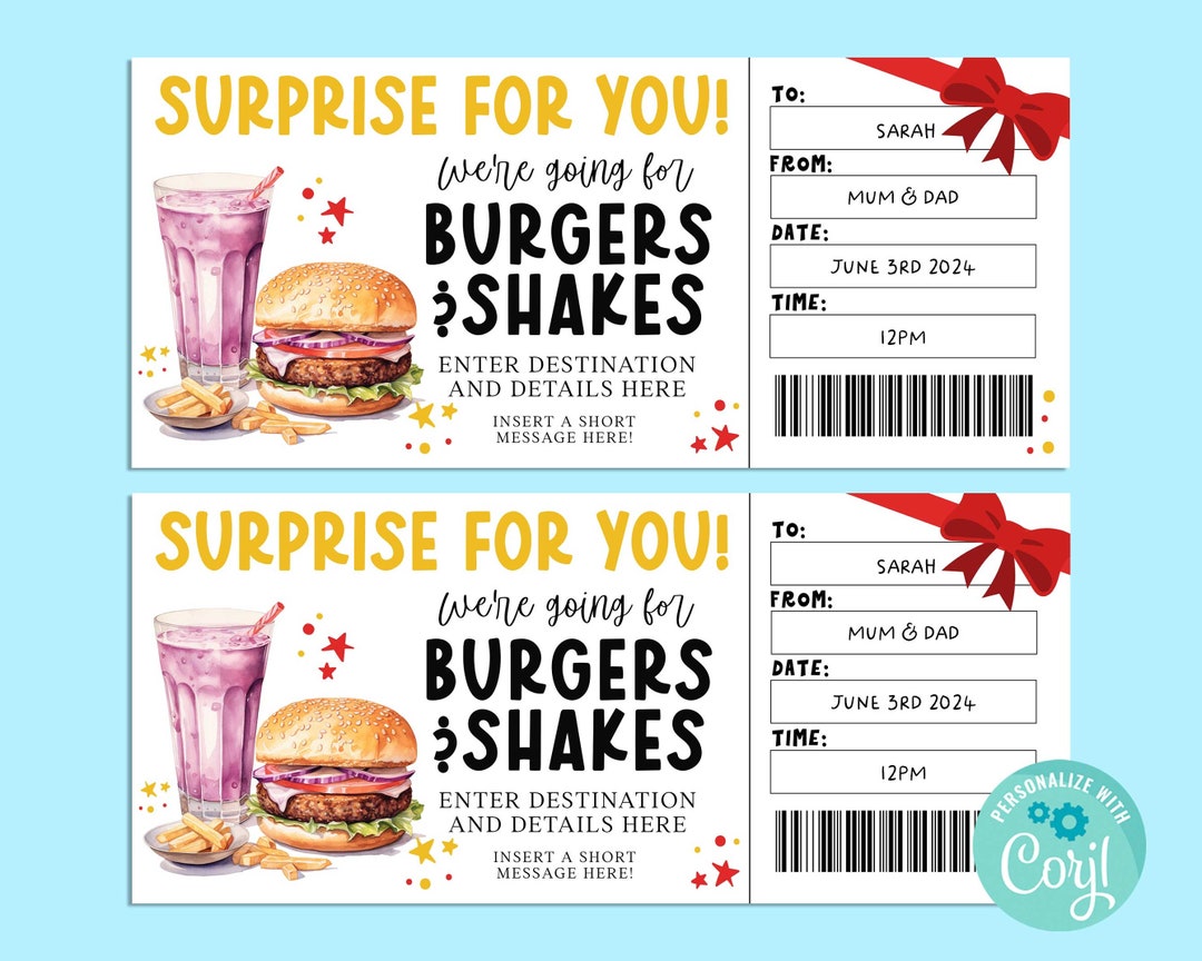 Surprise BURGERS & SHAKES Editable Gift Ticket Template, Birthday Gift ...