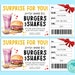 Surprise BURGERS & SHAKES Editable Gift Ticket Template, Birthday Gift ...