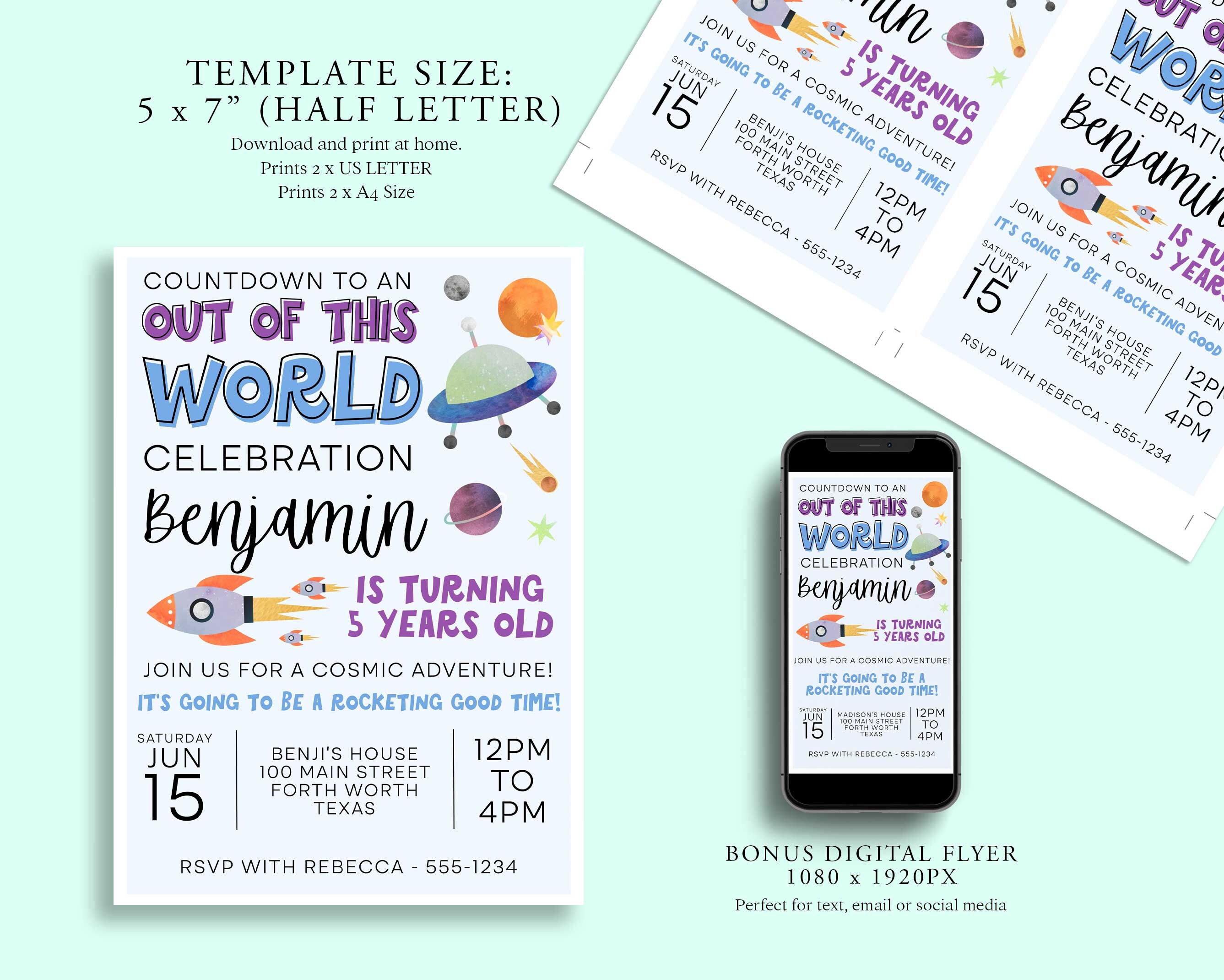 SPACE Party Flyer Editable Template, Diy Kids Birthday, Party Invites ...