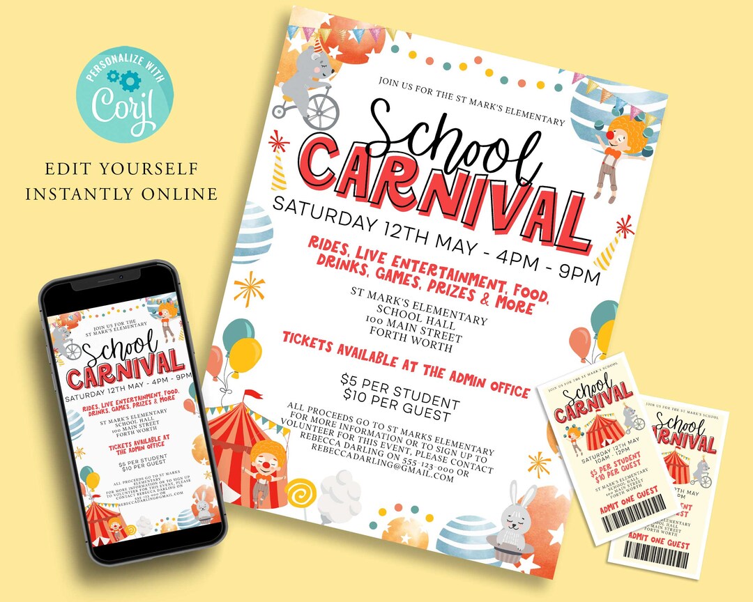 CARNIVAL Fundraiser Editable Flyer Template, PTO, School Community or ...