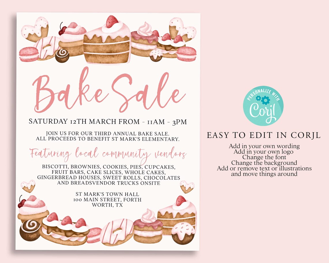 Editable BAKE SALE Flyer Template DIY Market Sale Community - Etsy