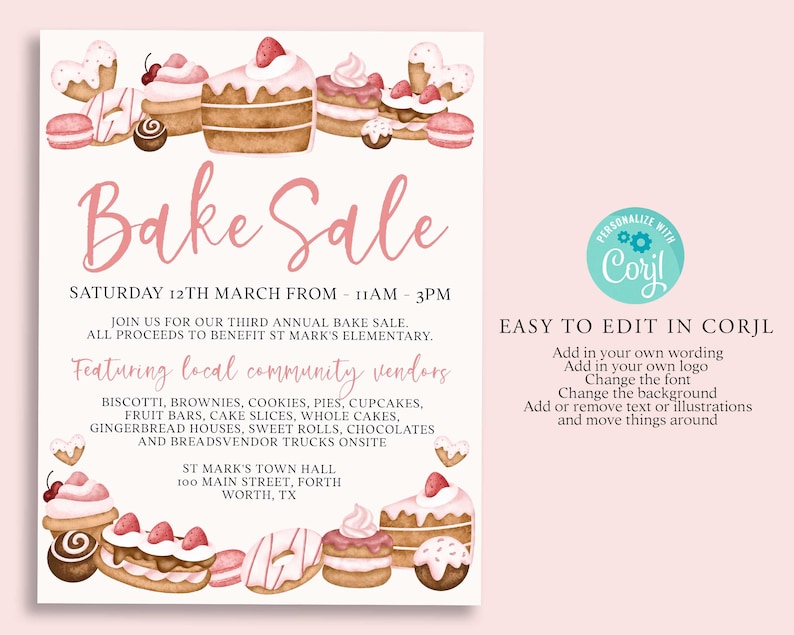 Editable BAKE SALE Flyer Template, DIY Market Sale, Community Fair ...