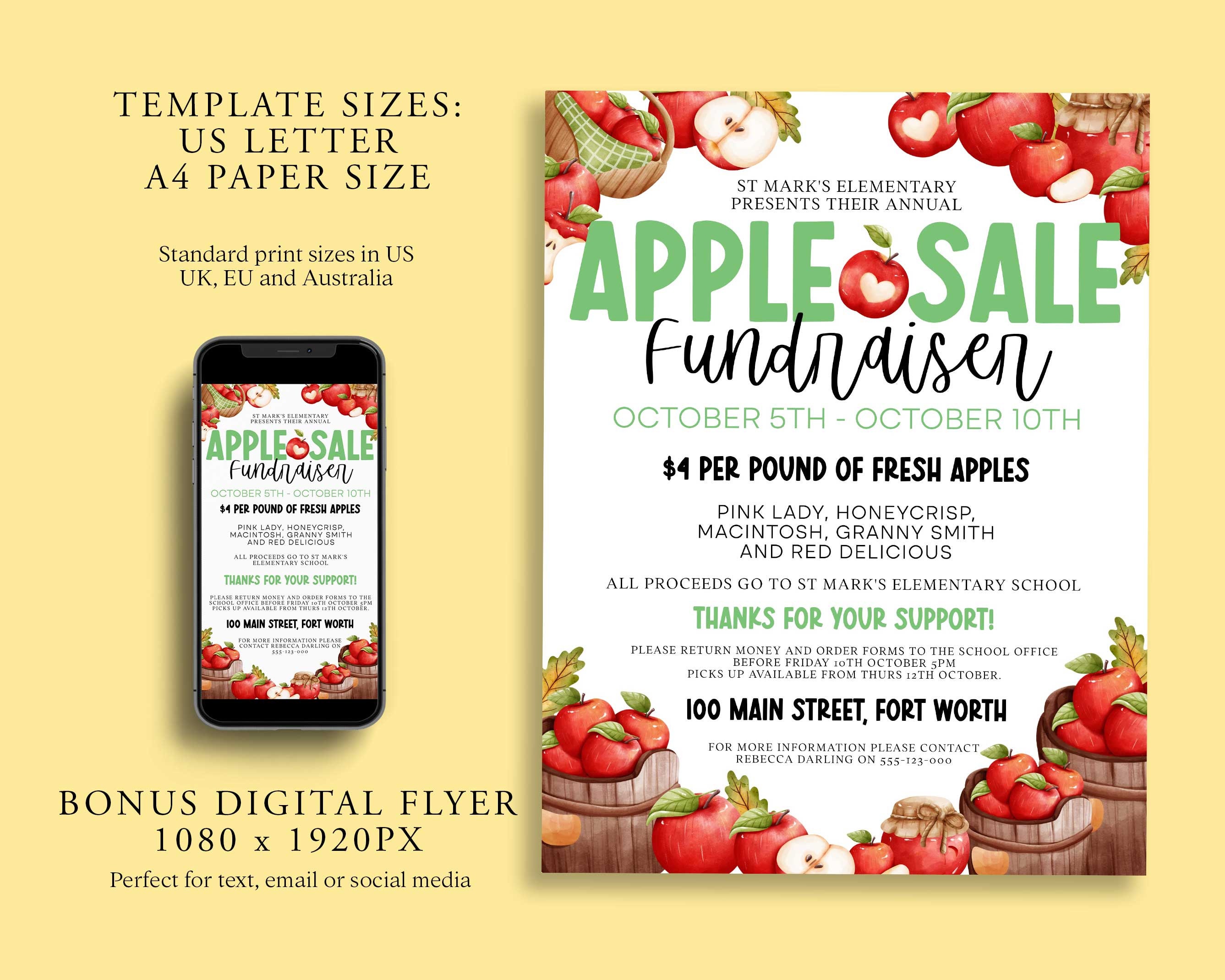 APPLE SALE Fundraiser Editable Flyer Template, School Church Charity ...