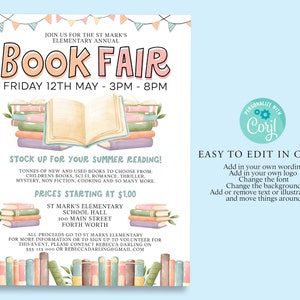 BOOK FAIR Fundraiser Editable Flyer Template, PTO, School Community or ...