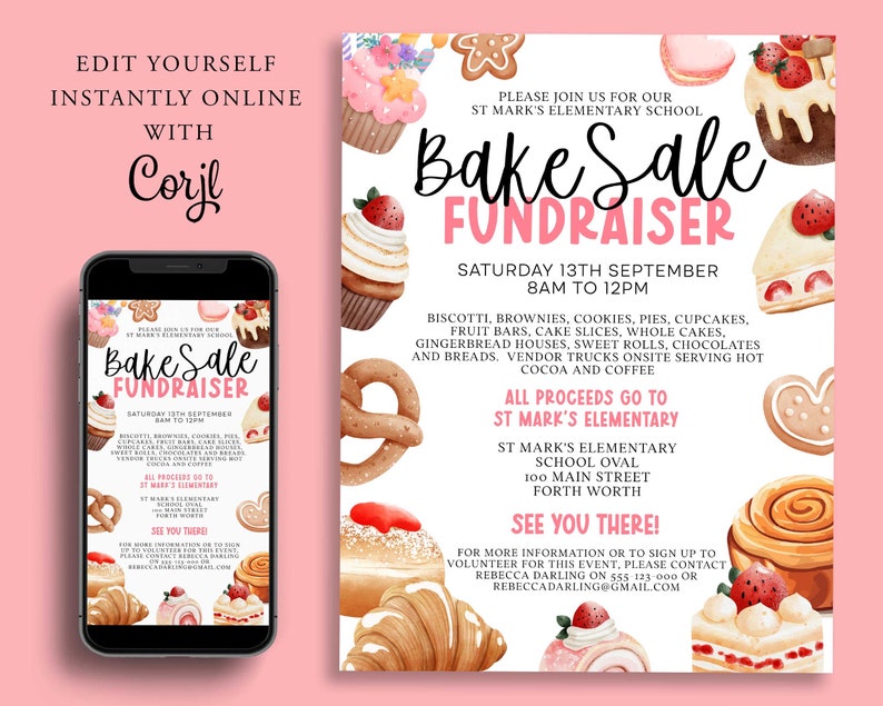 BAKE SALE Social Fundraiser Editable Template, Flyer, Printable PTA ...