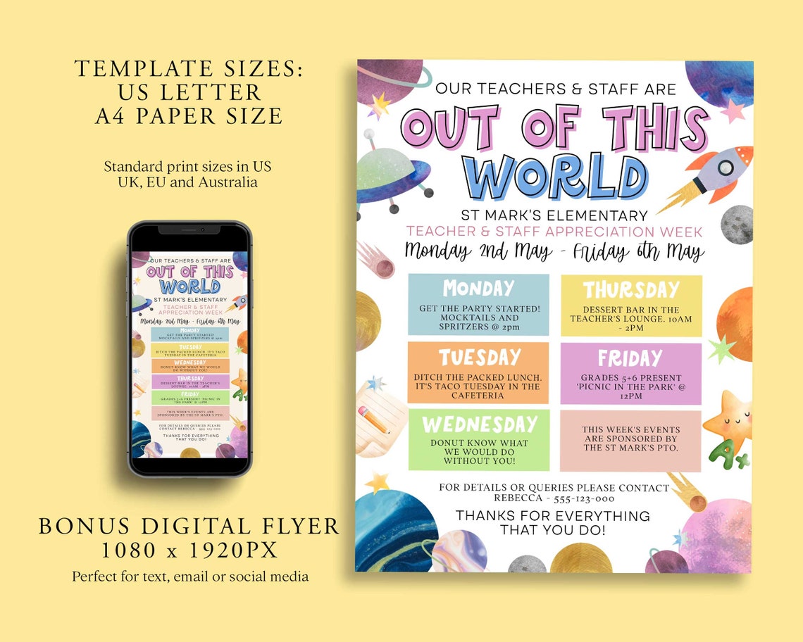 Space TEACHER APPRECIATION Editable Flyer Template, Staff Invite ...