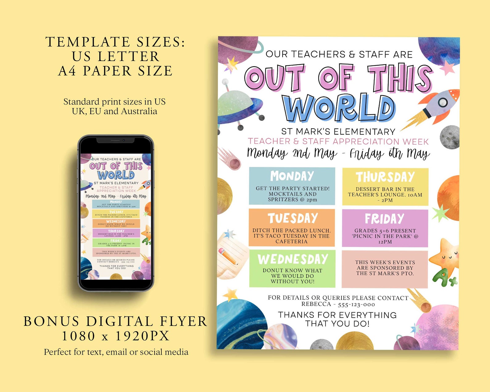 Space TEACHER APPRECIATION Editable Flyer Template, Staff Invite ...