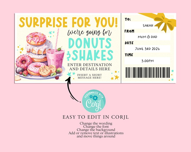 Surprise DONUTS & SHAKES Editable Gift Ticket Template, Happy Birthday ...