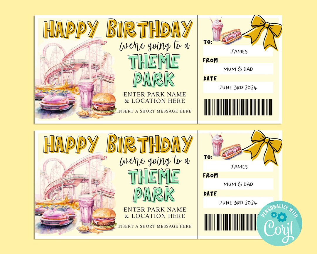 Birthday THEME PARK Editable Gift Ticket Template, Birthday Gift ...